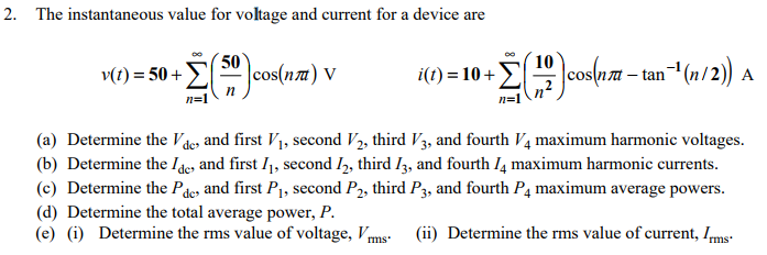 Solved The instantaneous value for voltage and current for a | Chegg.com