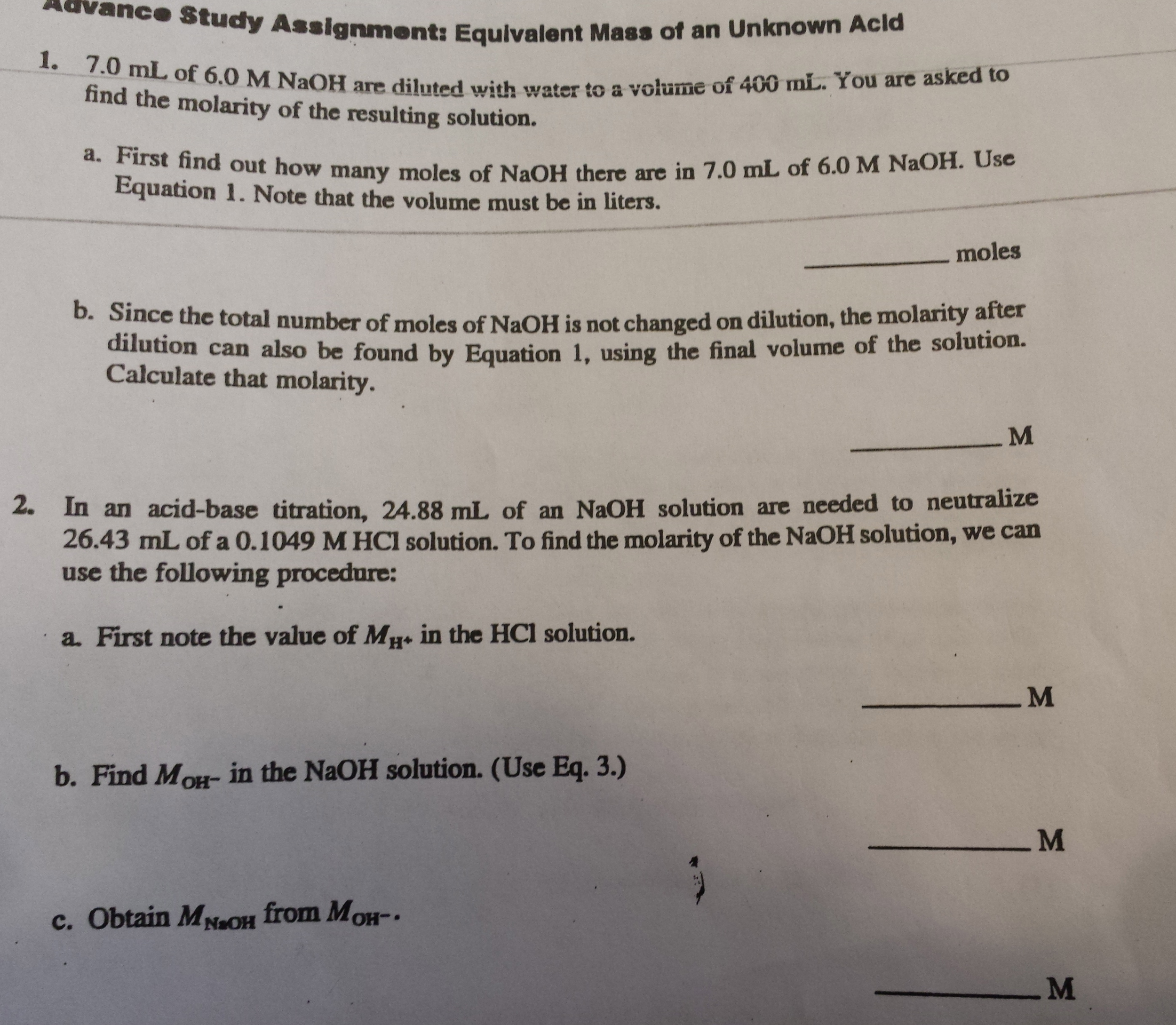Solved Advance study assignments Equivalent Mass of and | Chegg.com