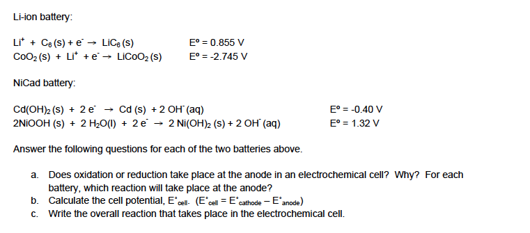 Solved Li-ion battery: Li+ Co (s) + e. ? LiCo (s) E 0.855 V | Chegg.com
