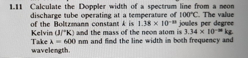 Solved 1.11 Calculate the Doppler width of a spectrum line | Chegg.com