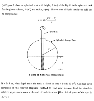Solved ) Figure 1 shows a spherical tank with heigh, (m) of | Chegg.com