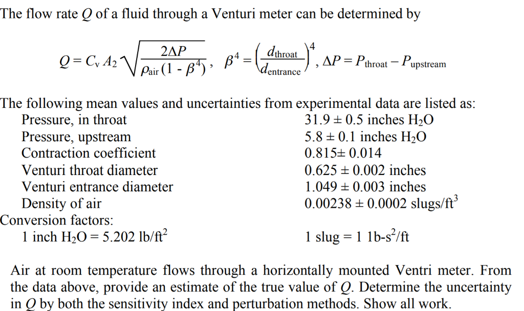 The flow rate Q of a fluid through a Venturi meter | Chegg.com