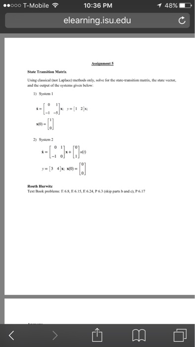 Solved State Transition Matrix Using classical (not Laplace) | Chegg.com