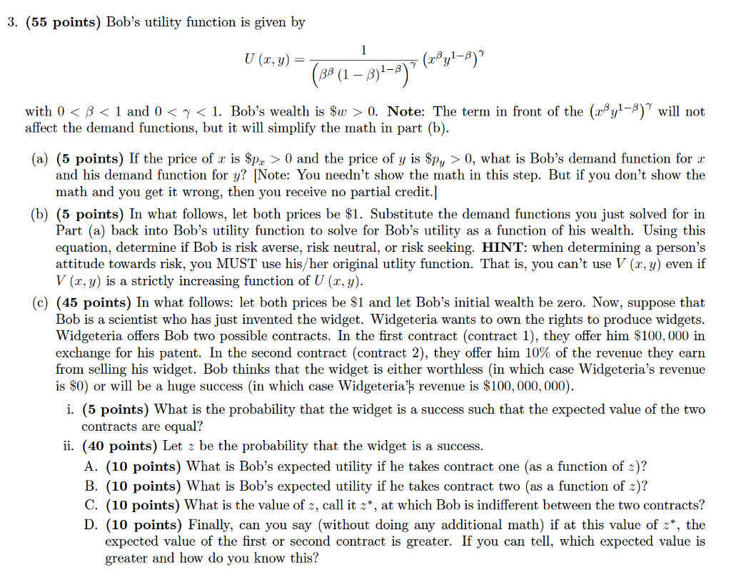 Bob's utility function is given by U(x, y) = | Chegg.com