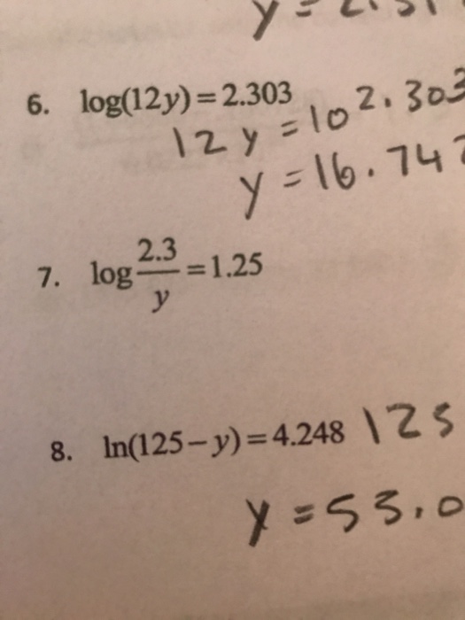Solved log(12y) = 2.303 log 2.3/y = 1.25 ln(125 - y) = | Chegg.com