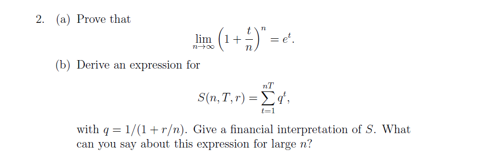 Solved Prove that lim_n rightarrow infinity (1 + t/n)^n = | Chegg.com