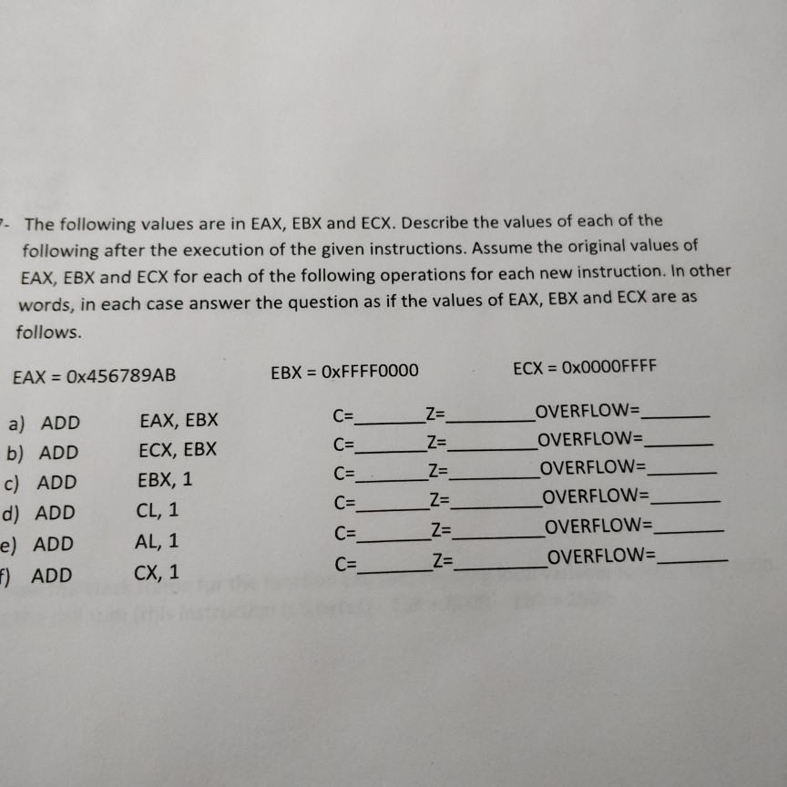 Solved - The following values are in EAX, EBX and ECX. | Chegg.com