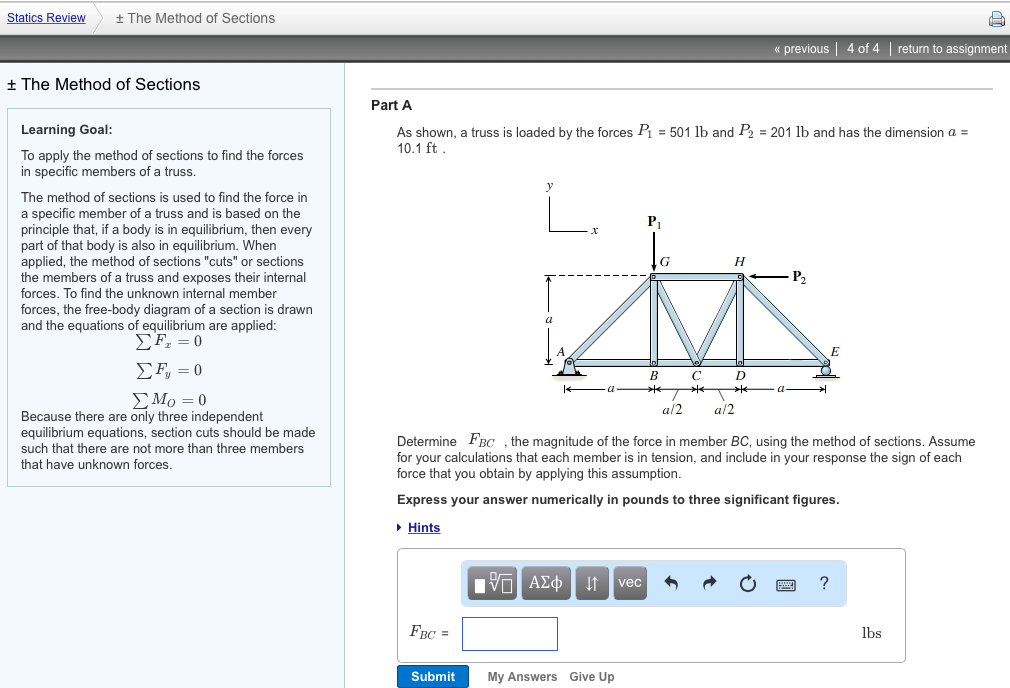 Solved To apply the method of sections to find the forces in | Chegg.com