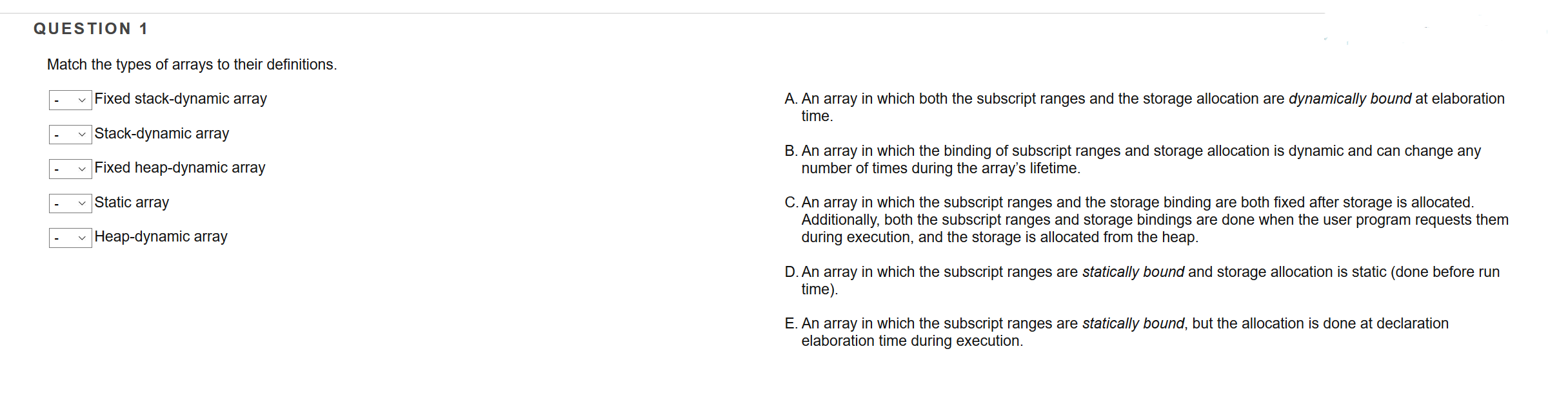 Solved Match The Types Of Arrays To Their Definitions