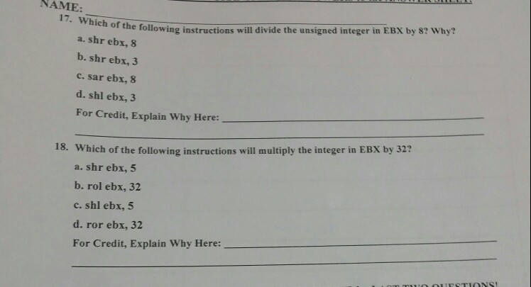 Solved NAME 17. Which of the a. shr ebx, 8 b. shr ebx, 3 c. | Chegg.com