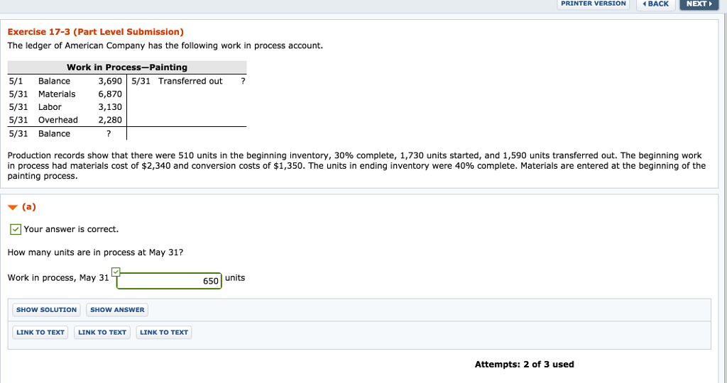 Solved PRINTER VERSION BACK NEXT Exercise 17-3 (Part Level | Chegg.com