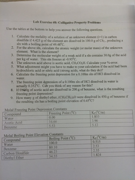 Solved Lab Exercise #8: Colligative Property Problems Use | Chegg.com