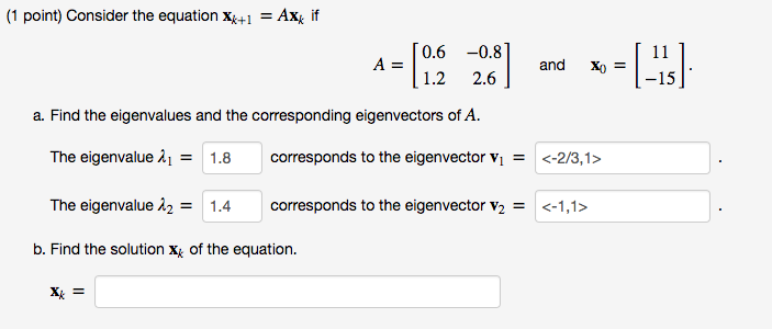 Solved 1 Point Consider The Equation Xk 1 Axk If 0 6 0 8