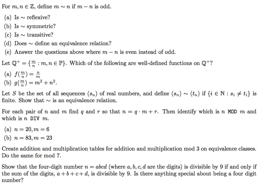 Solved For m, n epsilon Z, define m ~ n if m - n is odd. Is | Chegg.com