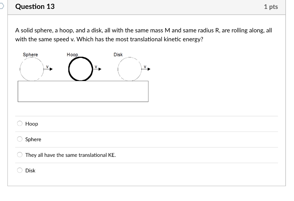 Solved Question 13 1 pts A solid sphere, a hoop, and a disk, | Chegg.com