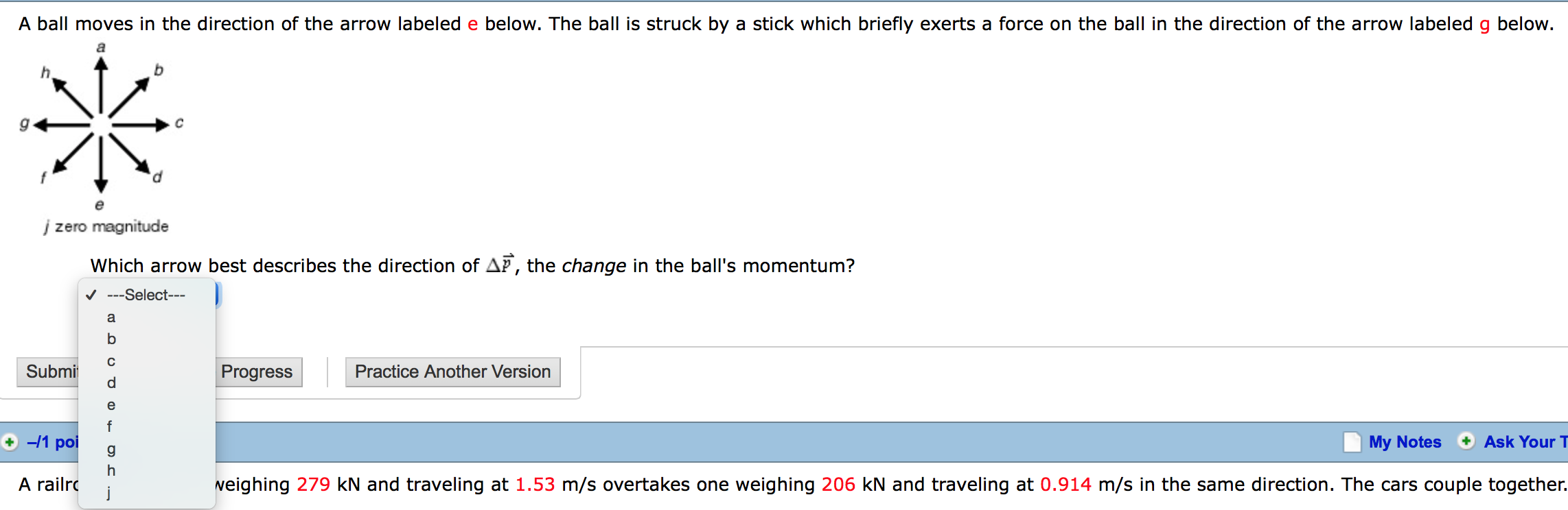 Solved A ball moves in the direction of the arrow labeled e | Chegg.com