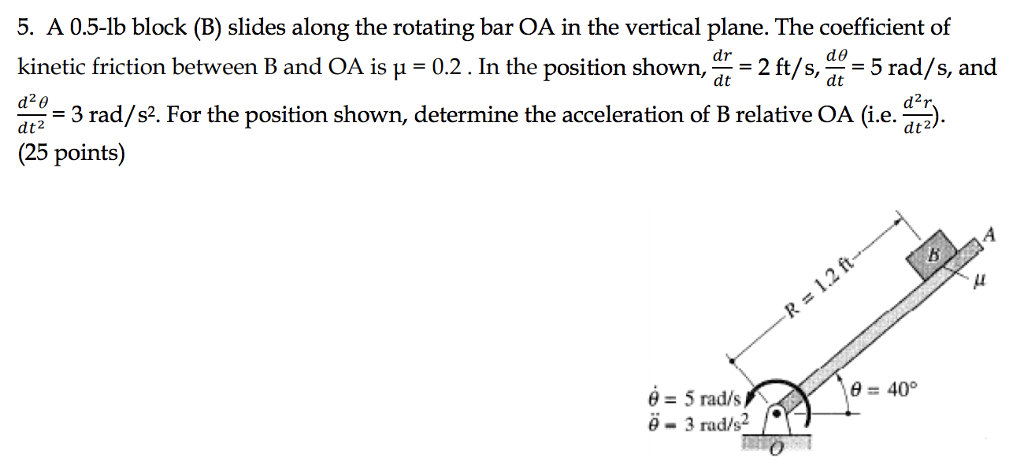 Solved 5. A 0.5-lb block (B) slides along the rotating bar | Chegg.com