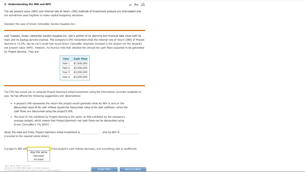 Solved 3. Understanding the IRR and NPv Aa Aa The net | Chegg.com