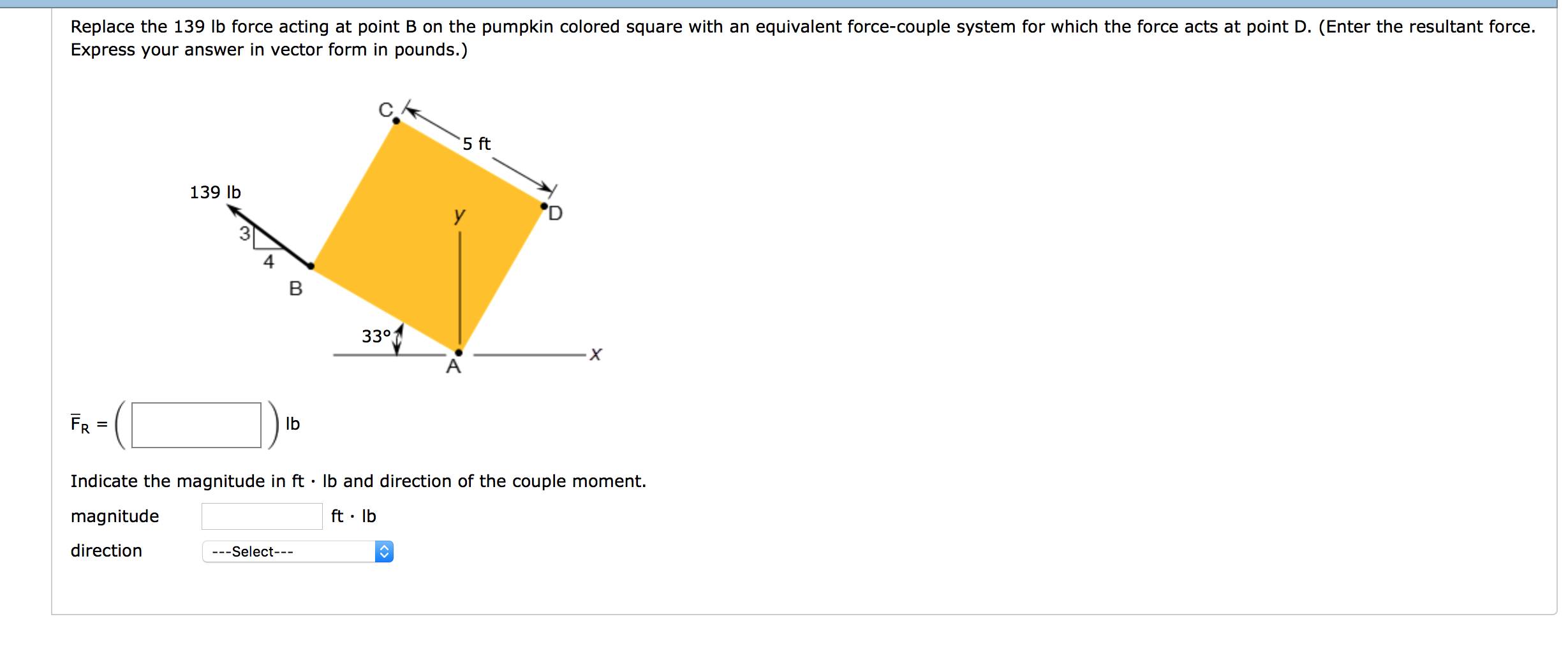 Solved Replace the 139 lb force acting at point B on the | Chegg.com