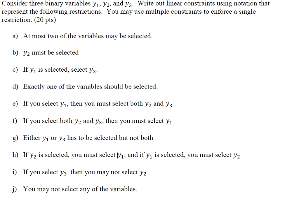 Solved Consider Three Binary Variables Y1 Y2 And Y3 Write