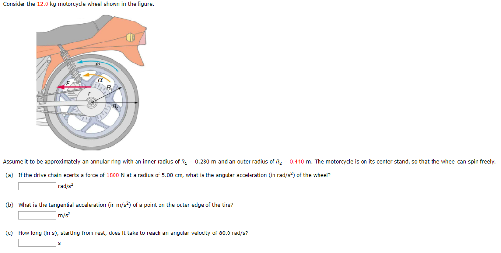 Solved Consider the 12.0 kg motorcycle wheel shown in the | Chegg.com