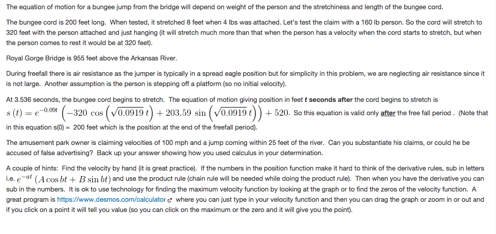 Solved The equation of motion for a bungee jump from the | Chegg.com