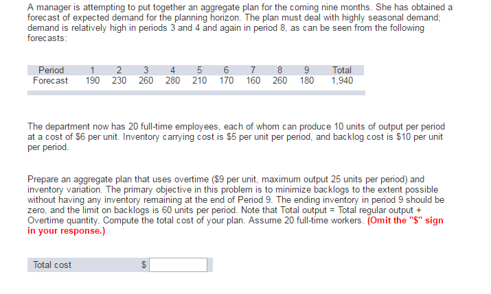 Solved A manager is attempting to put together an aggregate | Chegg.com