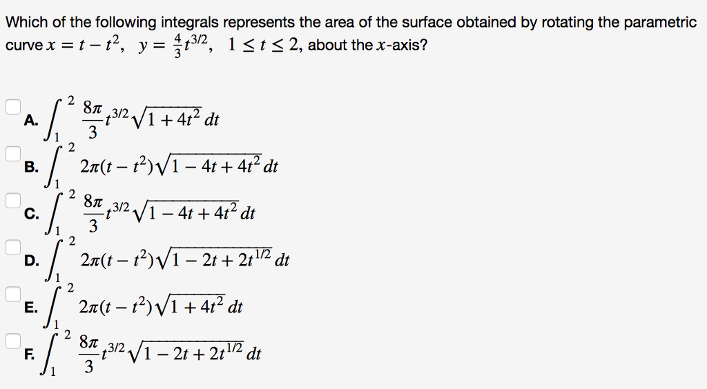 Solved Which of the following integrals represents the area | Chegg.com