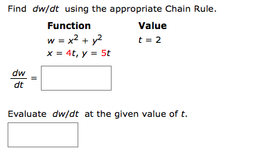 Solved Find dw/dt using the appropriate Chain Rule. w=x^2 + | Chegg.com