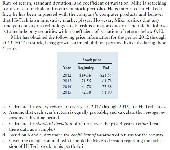 Solved Rate of return, standard deviation, and coefficient | Chegg.com