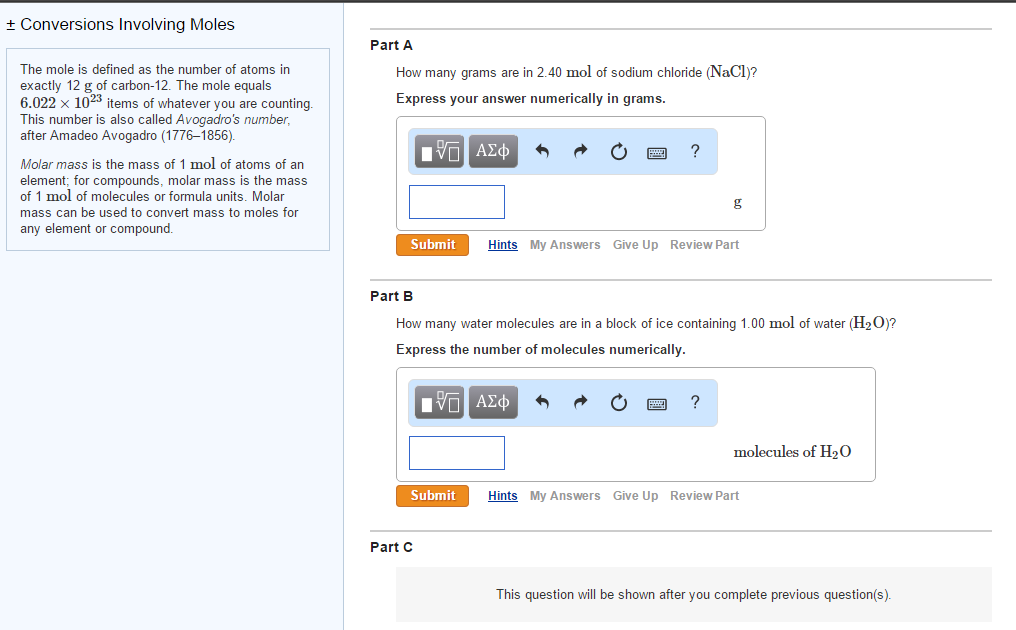 Solved Exercise 6.47: Problems - The Mole Concept Part A | Chegg.com