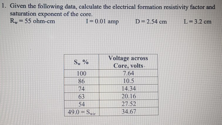 Solved 1. Given the following data, calculate the electrical | Chegg.com