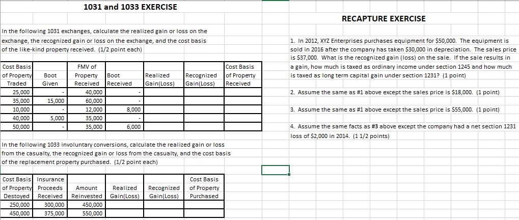 1031 and 1033 EXERCISE RECAPTURE EXERCISE In the | Chegg.com