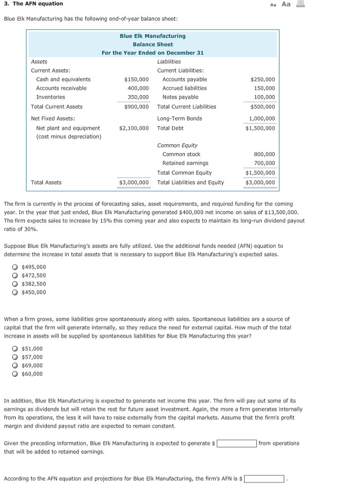 Solved 3. The AFN equation Aa Aa Blue Elk Manufacturing has | Chegg.com