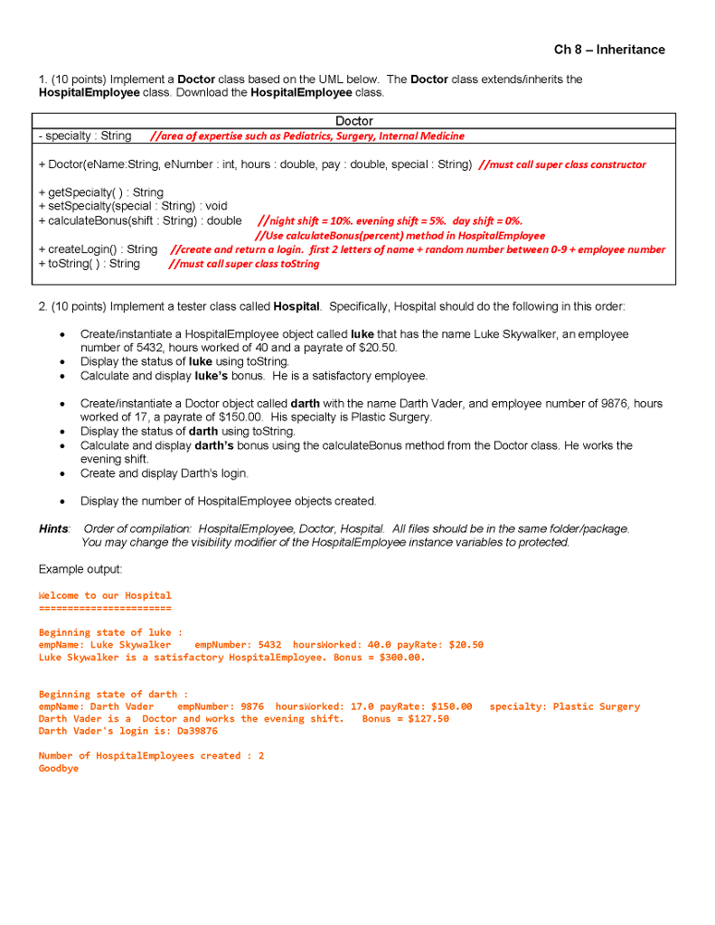 Solved ch 8 Inheritance 1. 10 points) Implement a Doctor | Chegg.com