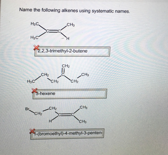 Solved Name the following alkenes using systematic names. | Chegg.com Solved Name the following alkenes using systematic names. | Chegg.com