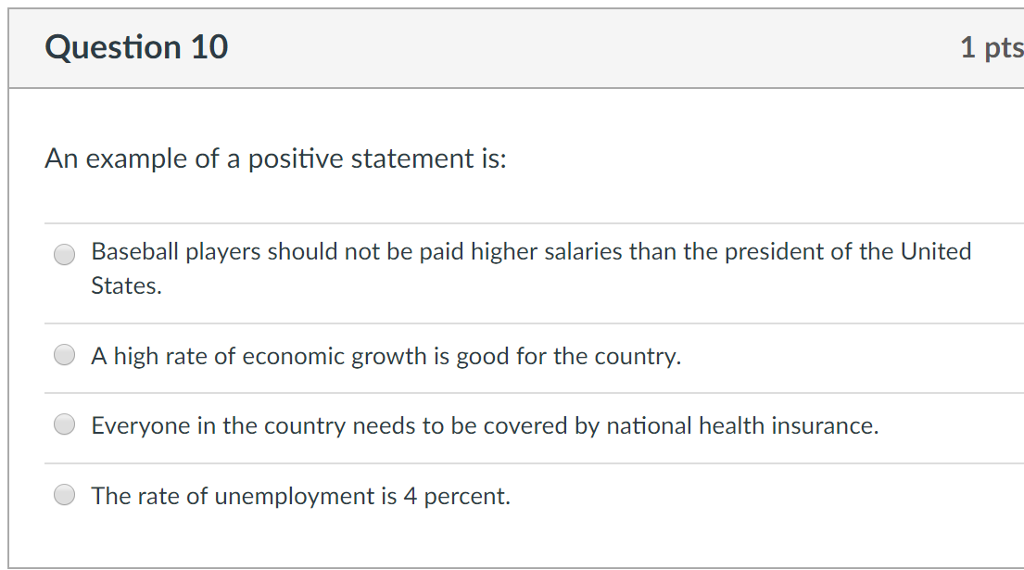 Solved Question 10 1 pts An example of a positive statement | Chegg.com