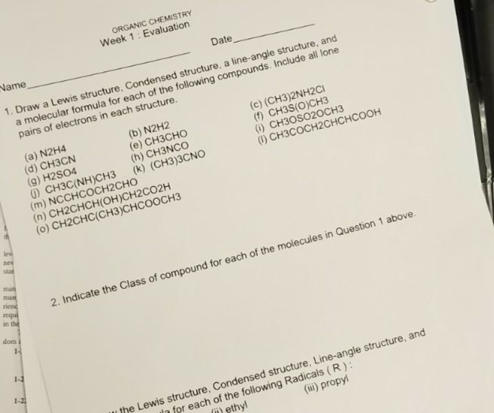 Solved ORGANIC CHEMISTRY Week 1 Evaluation Name Date 1. Draw | Chegg.com