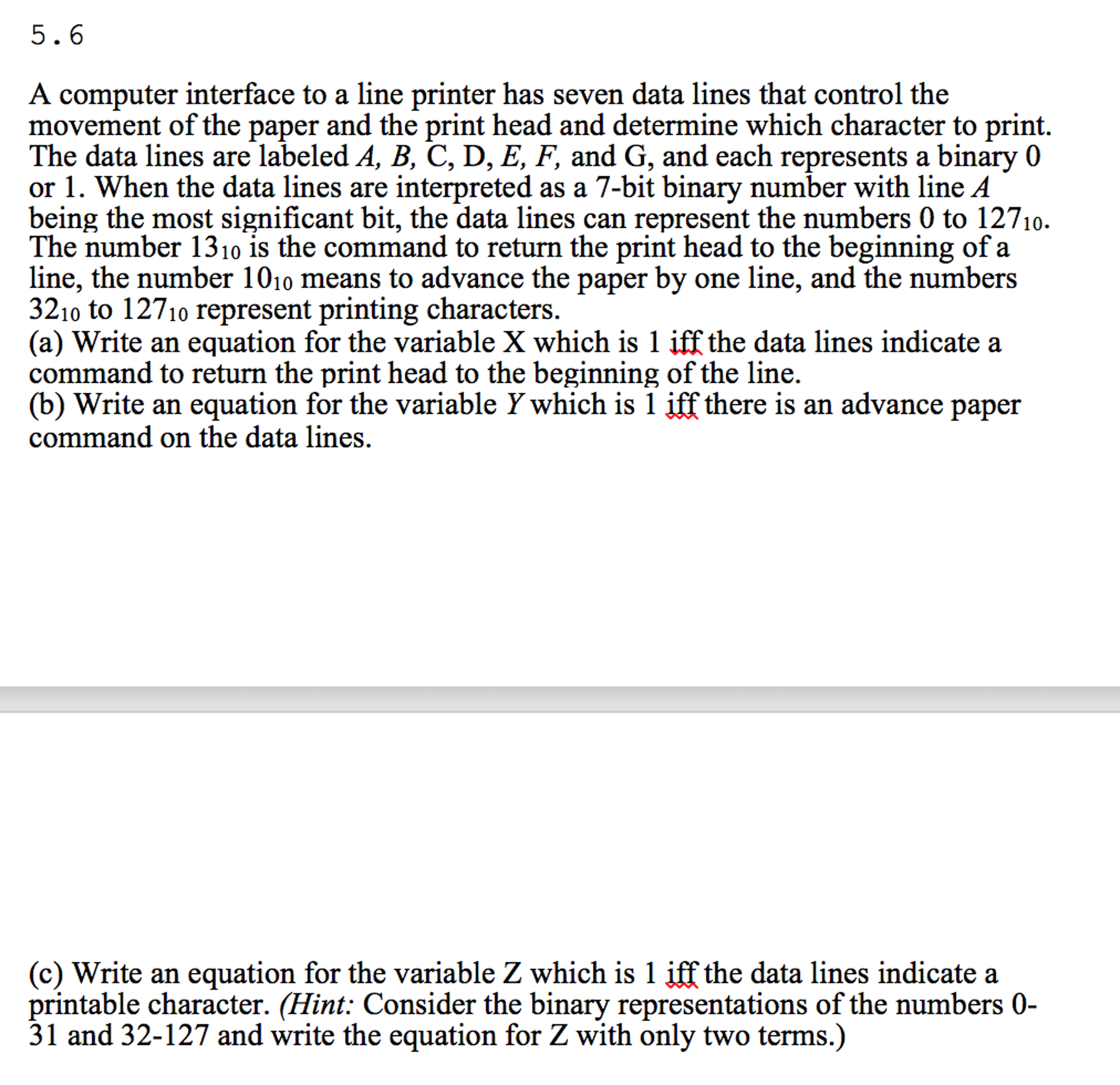Solved A computer interface to a line printer has seven data | Chegg.com
