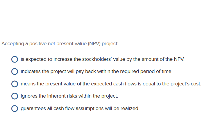 Solved Accepting a positive net present value (NPV) project: | Chegg.com