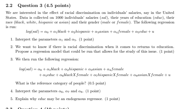 Solved 2.2 Question 3 (4.5 points) We are interested in the | Chegg.com