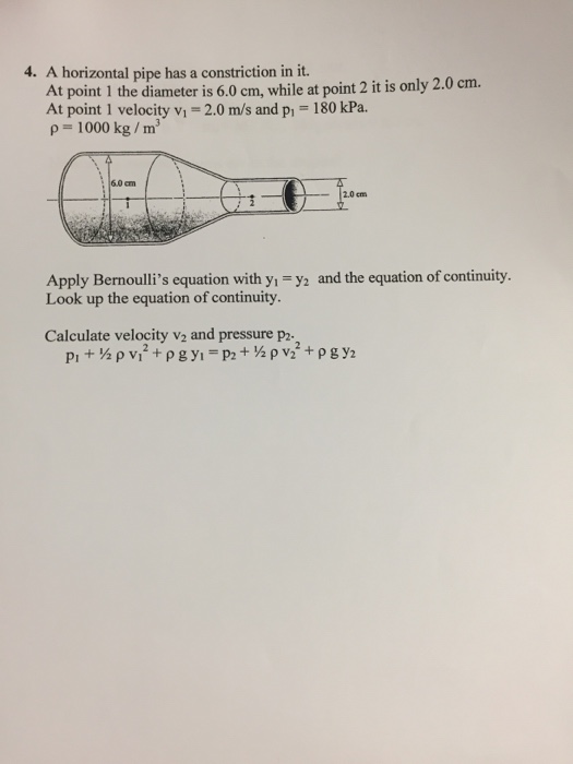 Solved A horizontal pipe has a constriction in it. At point | Chegg.com