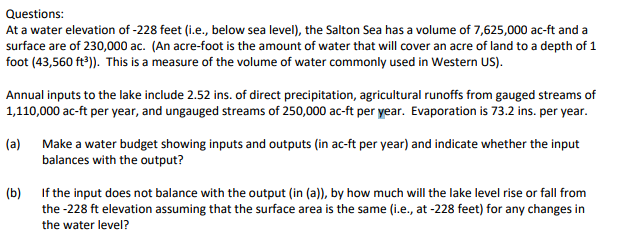 Solved Questions At a water elevation of -228 feet (i.e., | Chegg.com