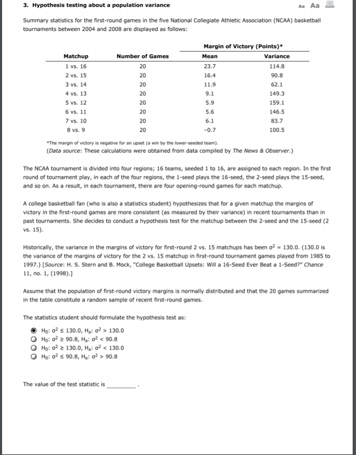 Solved 3. Hypothesis testing about a population variance Aa | Chegg.com