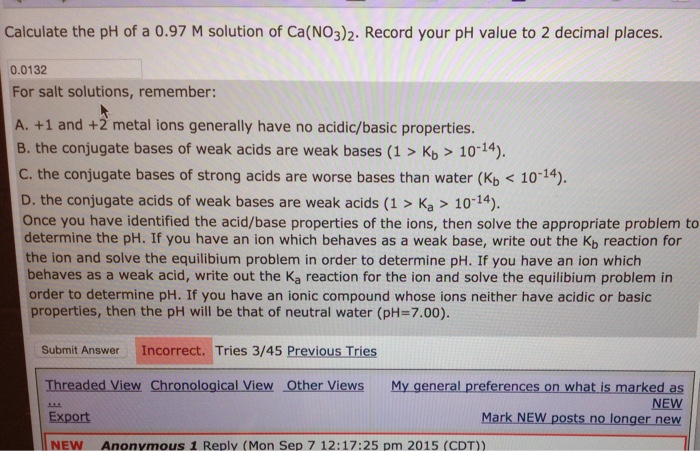 Solved Calculate the pH of a 0.97 M solution of Ca(NO3)2. | Chegg.com