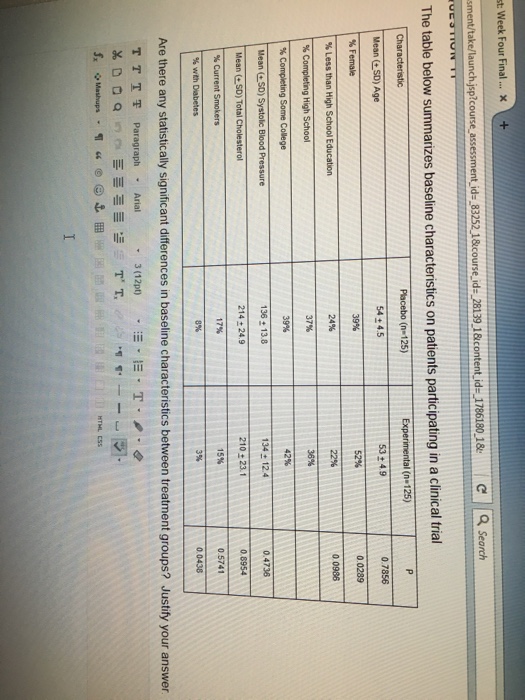 Solved The table below summarizes baseline characteristics | Chegg.com