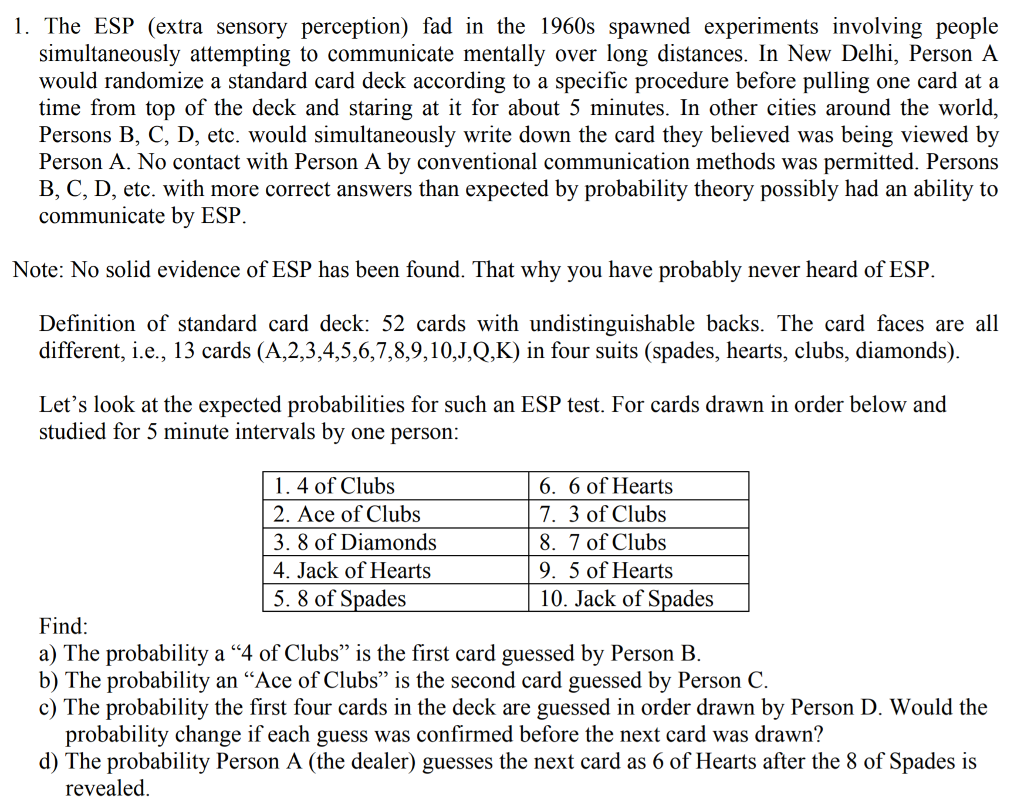 1. The ESP (extra sensory perception) fad in the | Chegg.com