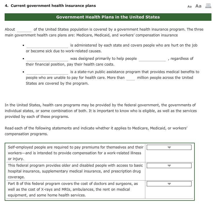 4. Current government health insurance plans Aa Aa | Chegg.com