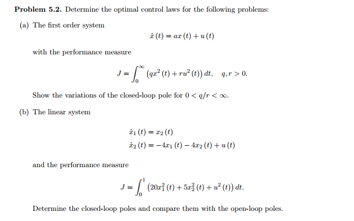 Determine the optimal control laws for the following | Chegg.com