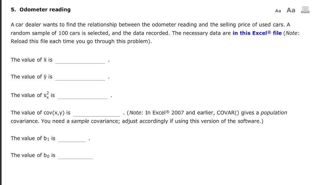 Solved 5. Odometer reading Aa Aa A car dealer wants to find | Chegg.com